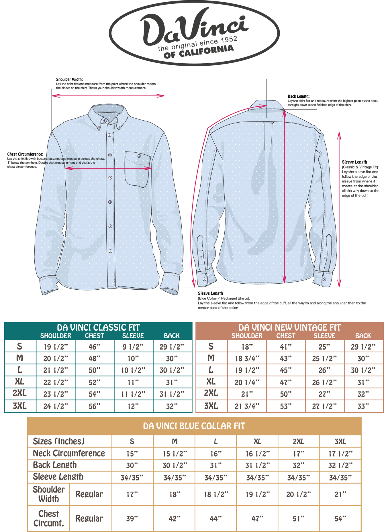 Size Guide – Da Vinci California the Original since 1952